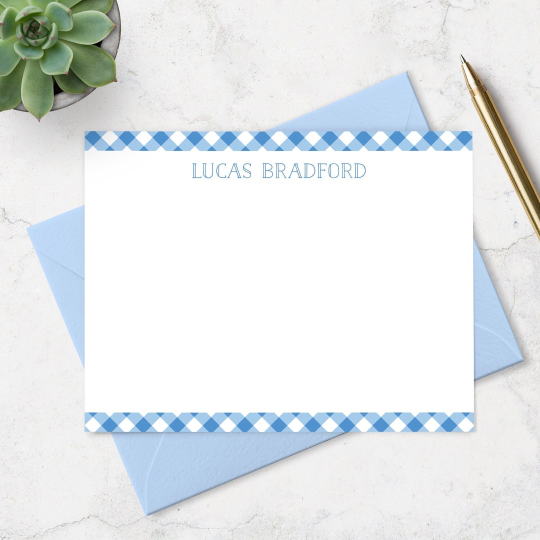 Note Cards With Blue Gingham Border Personalized Flat - Etsy