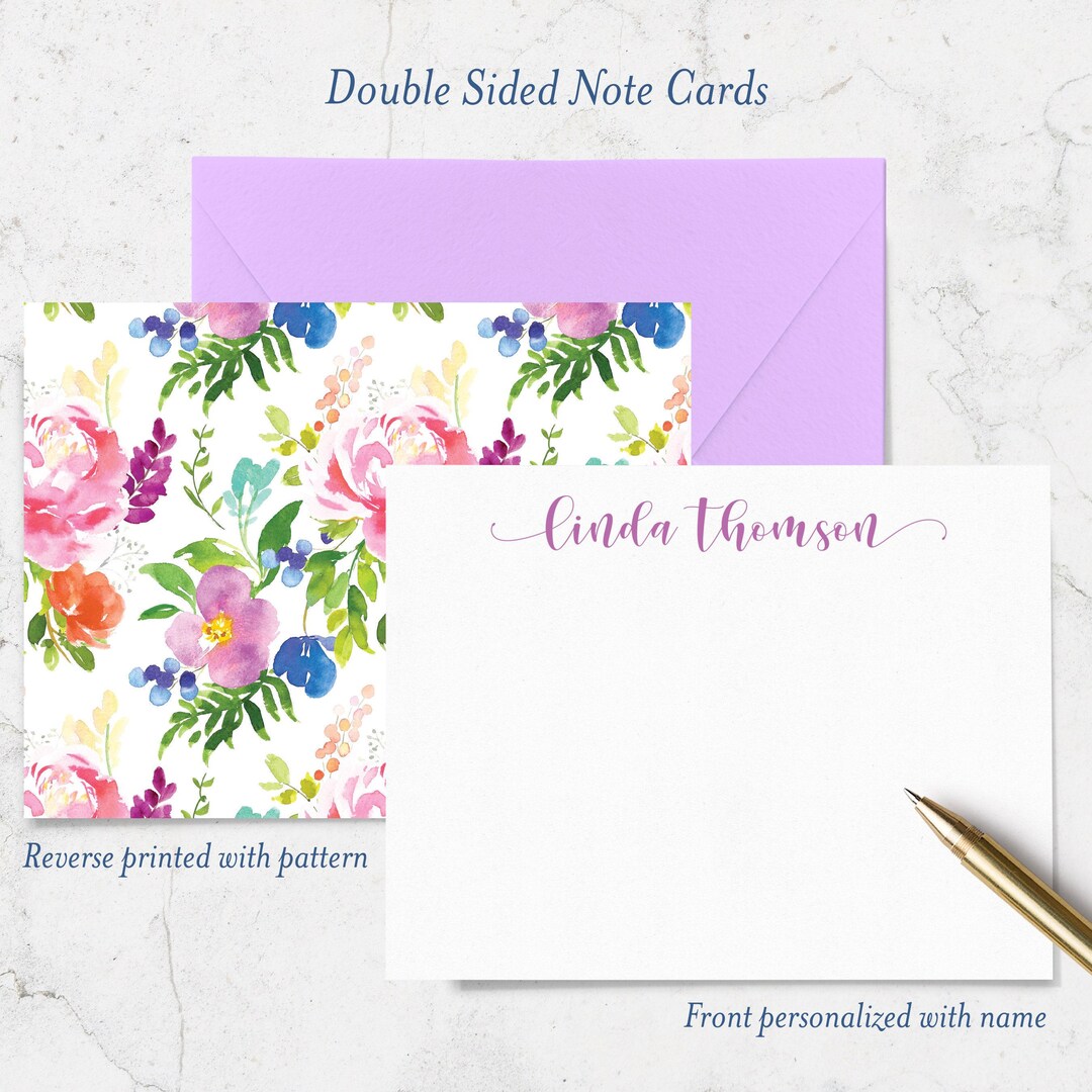 Pink and Blue Floral Double Sided Note Cards With Name on Front and ...
