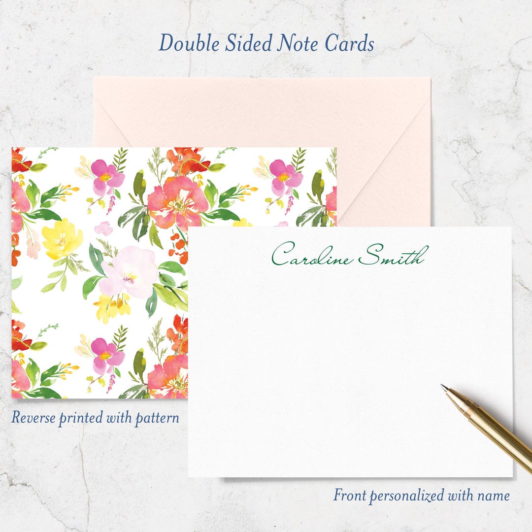Coral Pink Floral Double Sided Note Cards With Name on Front and Bright ...