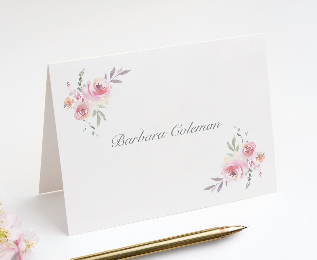 Folded Note Cards With Floral Design and Signature Script Name - Etsy