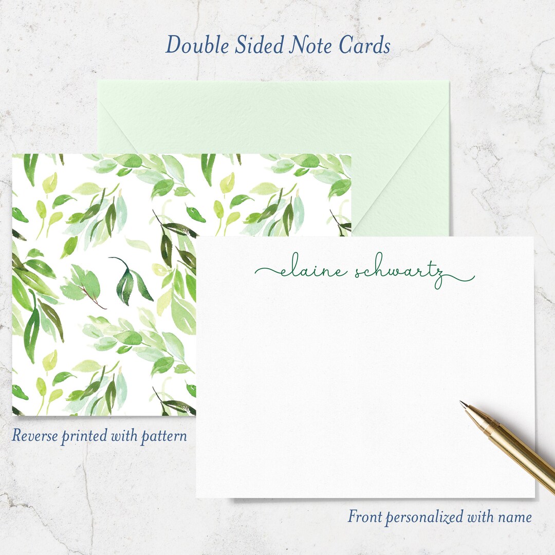 Green Floral Double Sided Note Cards With Name on Front and - Etsy