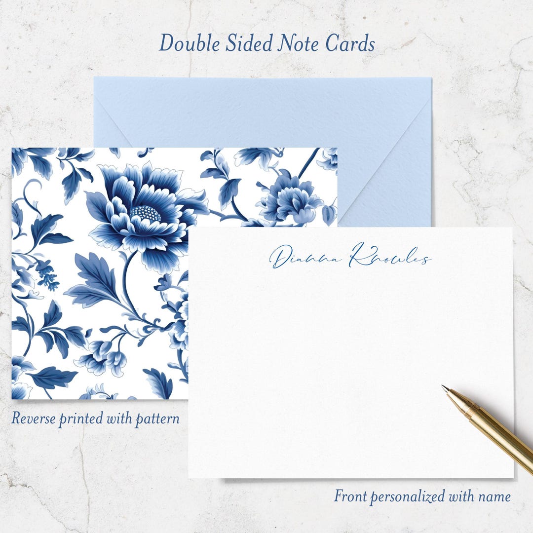 Blue Chinoiserie Double Sided Note Cards With Name on Front and Pattern ...