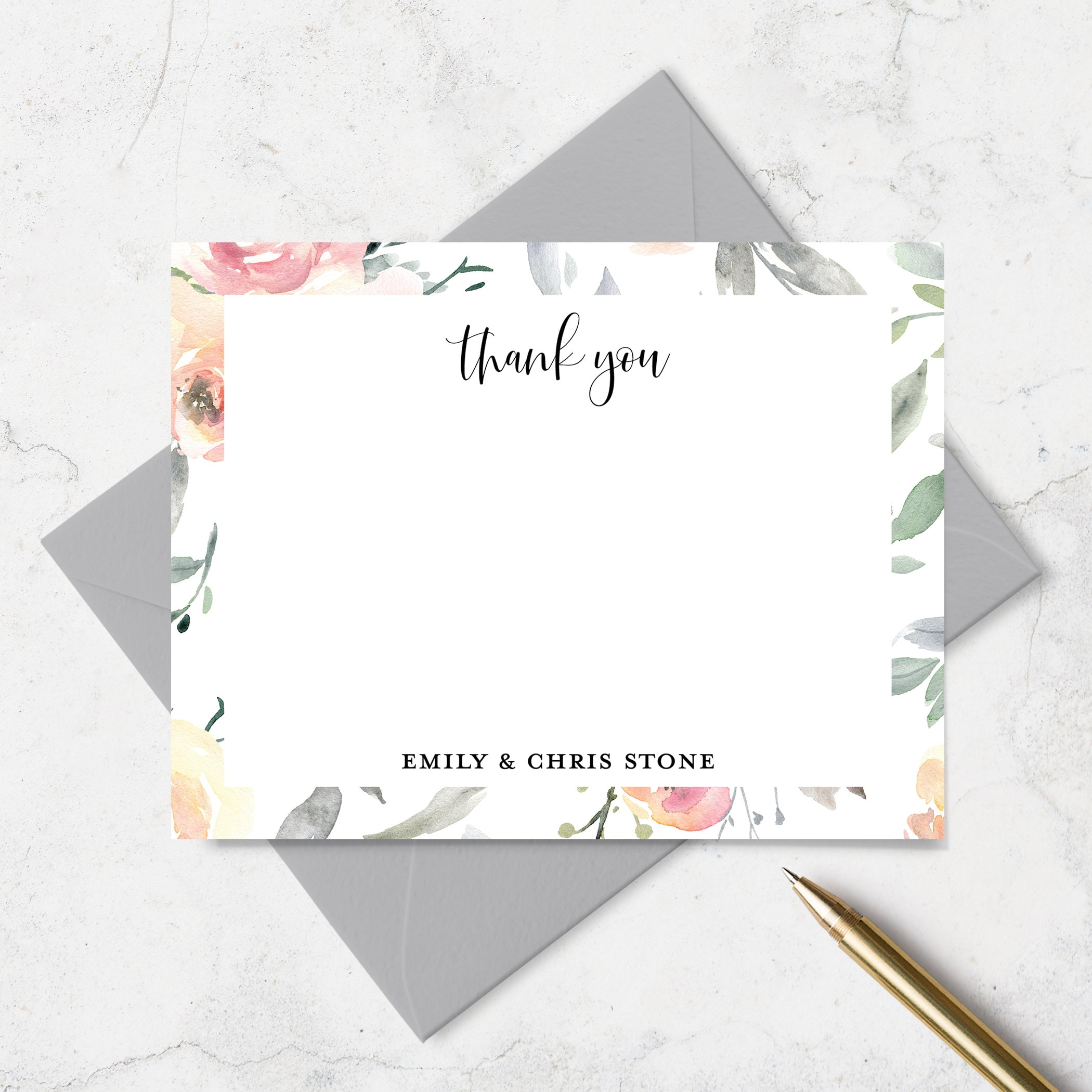 Thank You Note Cards Personalized Stationery Set with Floral | Etsy