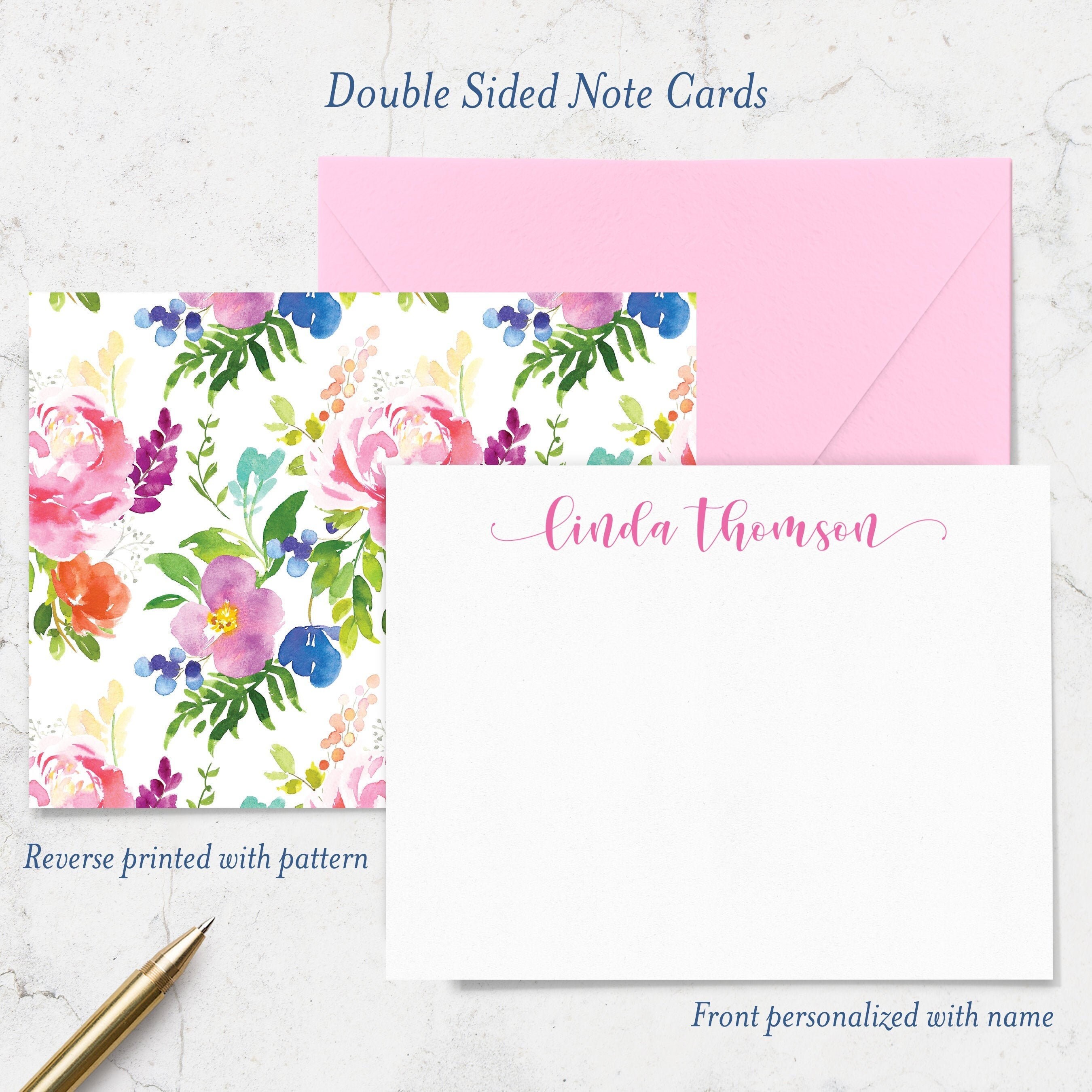 Pink and Blue Floral Double Sided Note Cards With Name on - Etsy