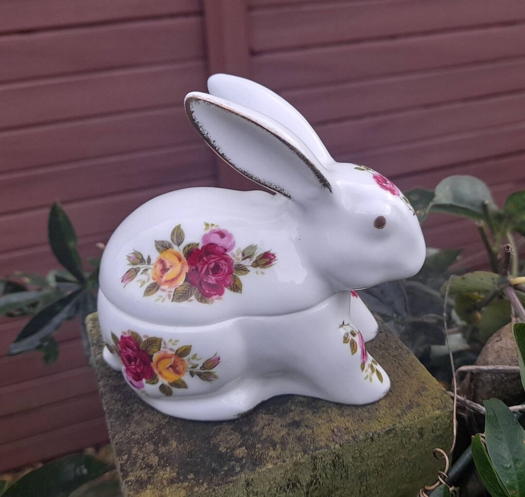 Vintage Cottage Rose Fine Bone China Rabbit Lidded Trinket Box Cottage ...