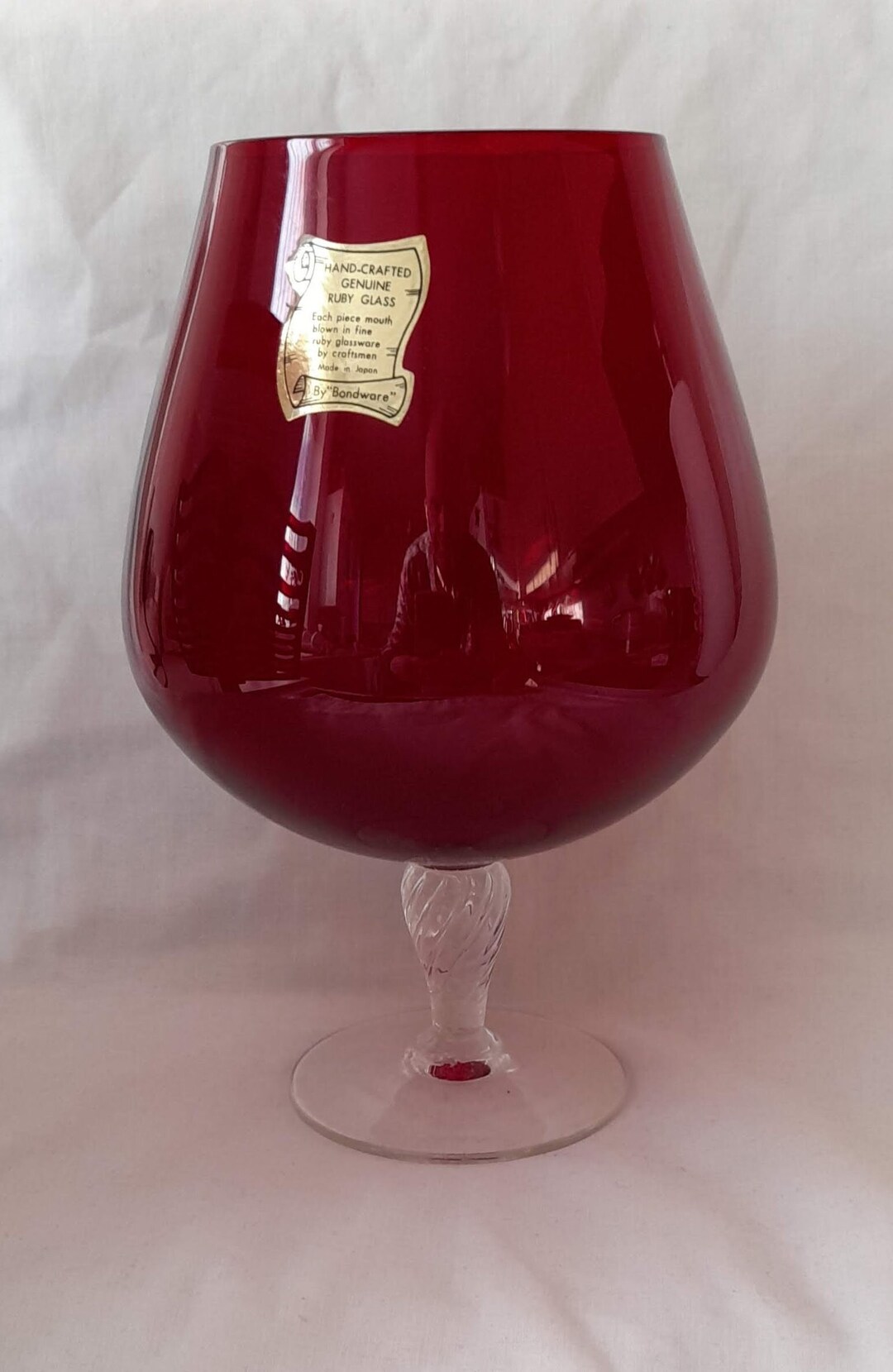 Vintage Bondware Japan Large Ruby Red Brandy Glass Clear Twisted Stem ...