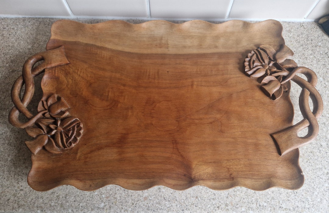 Vintage / Antique ~ Wood Serving Tray ~ Hand Carved Floral Handles ...