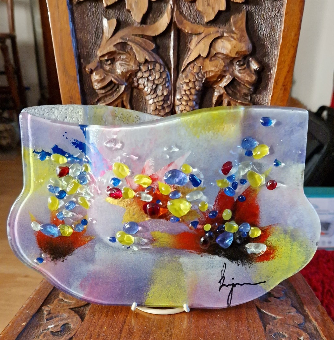 Vintage Handcrafted Fused Art Glass Vase ~ Pocket Vase ~ Flattened ...