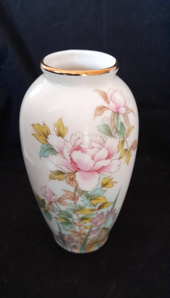 Vintage Shibata Japan Porcelain Vase Gold Rim Floral Rose | Etsy