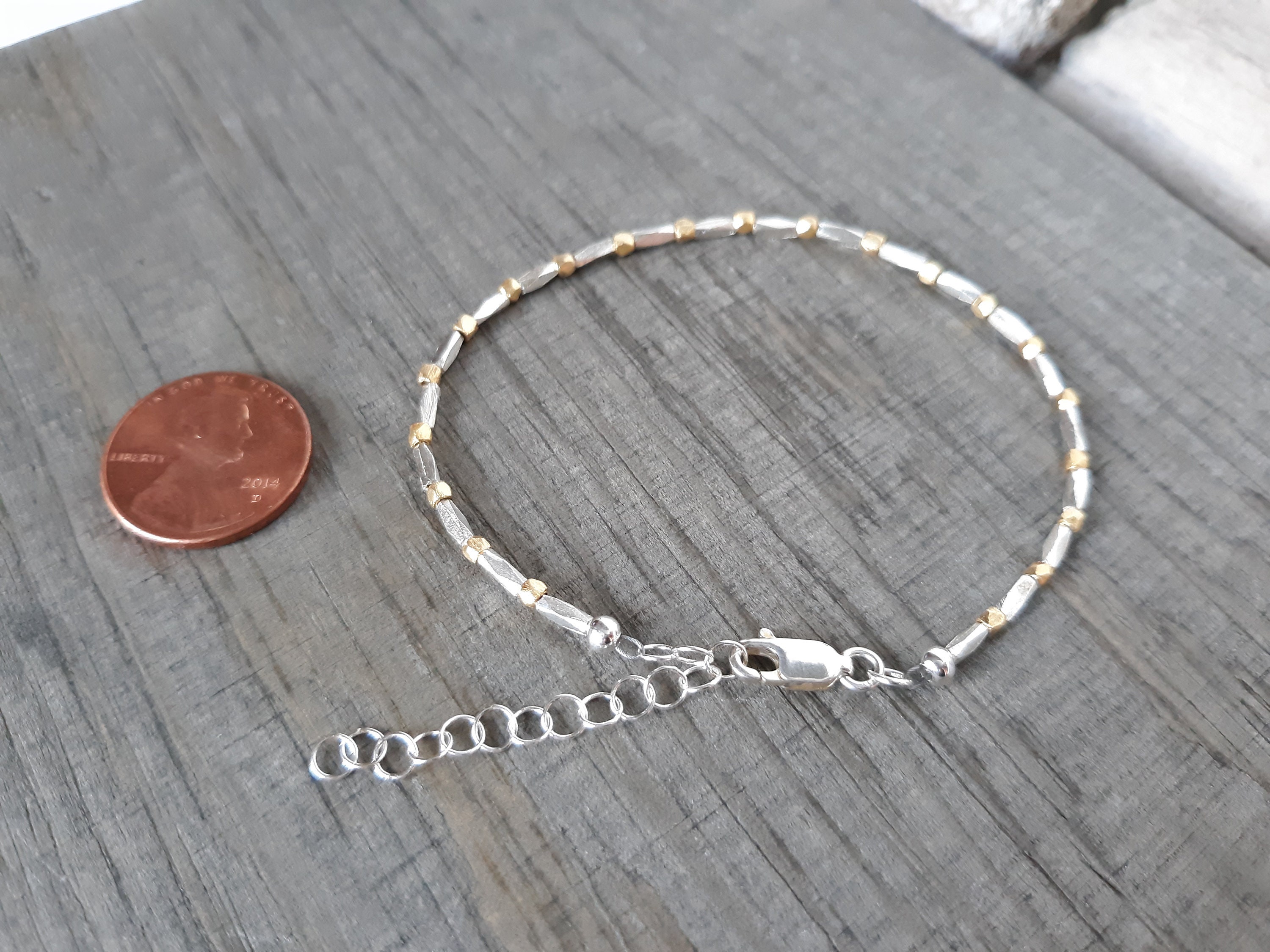 Thin Dainty 2 Mm Silver & Gold Two Tone Bead Bracelet, Delicate Small ...