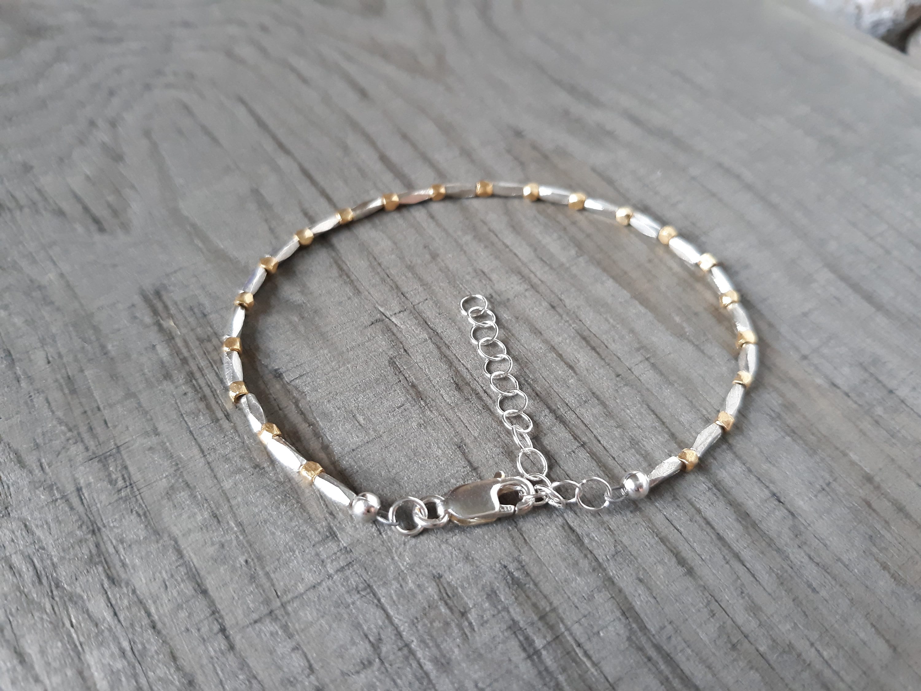 Thin Dainty 2 Mm Silver & Gold Two Tone Bead Bracelet, Delicate Small ...