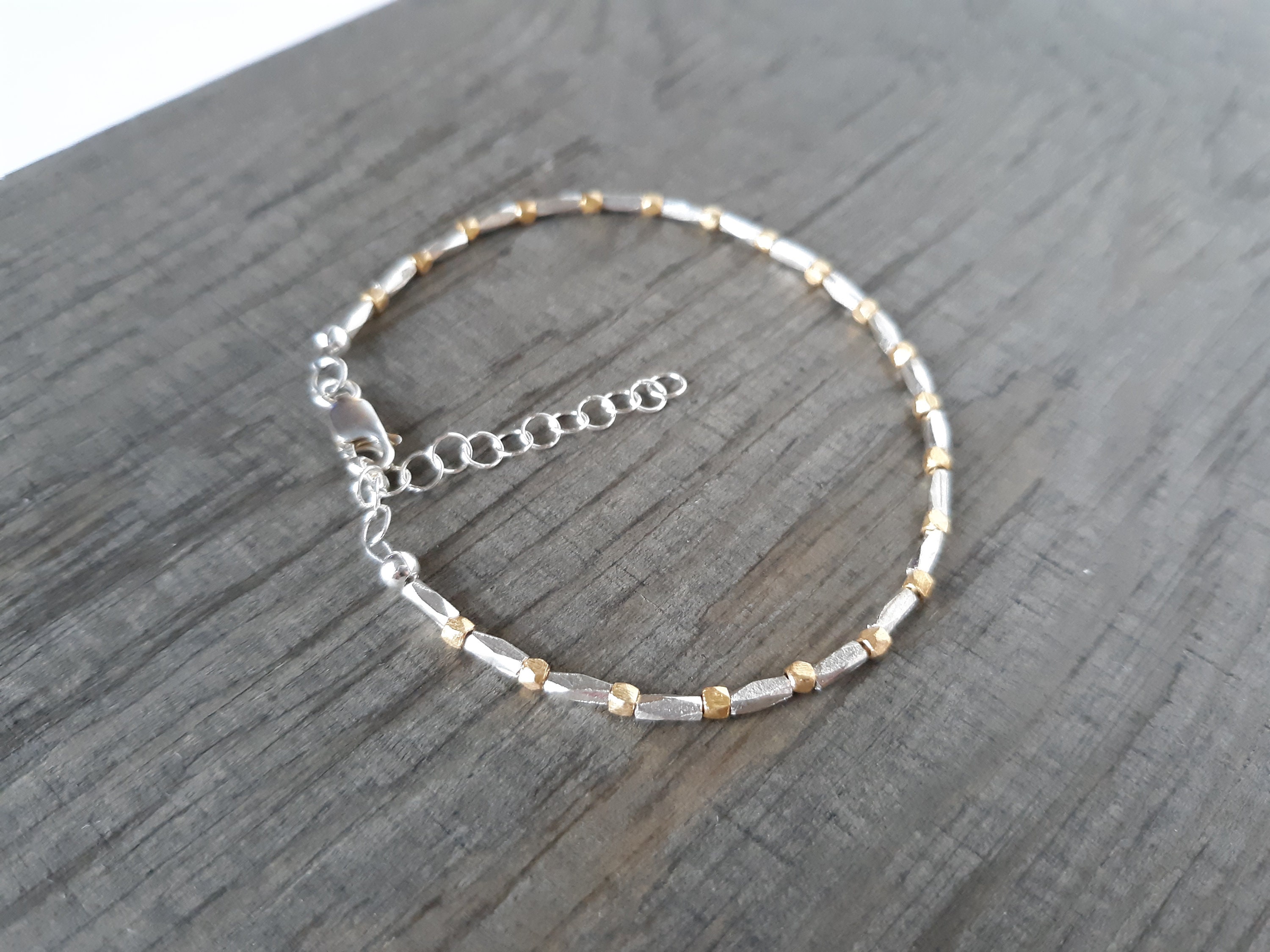 Thin Dainty 2 Mm Silver & Gold Two Tone Bead Bracelet, Delicate Small ...