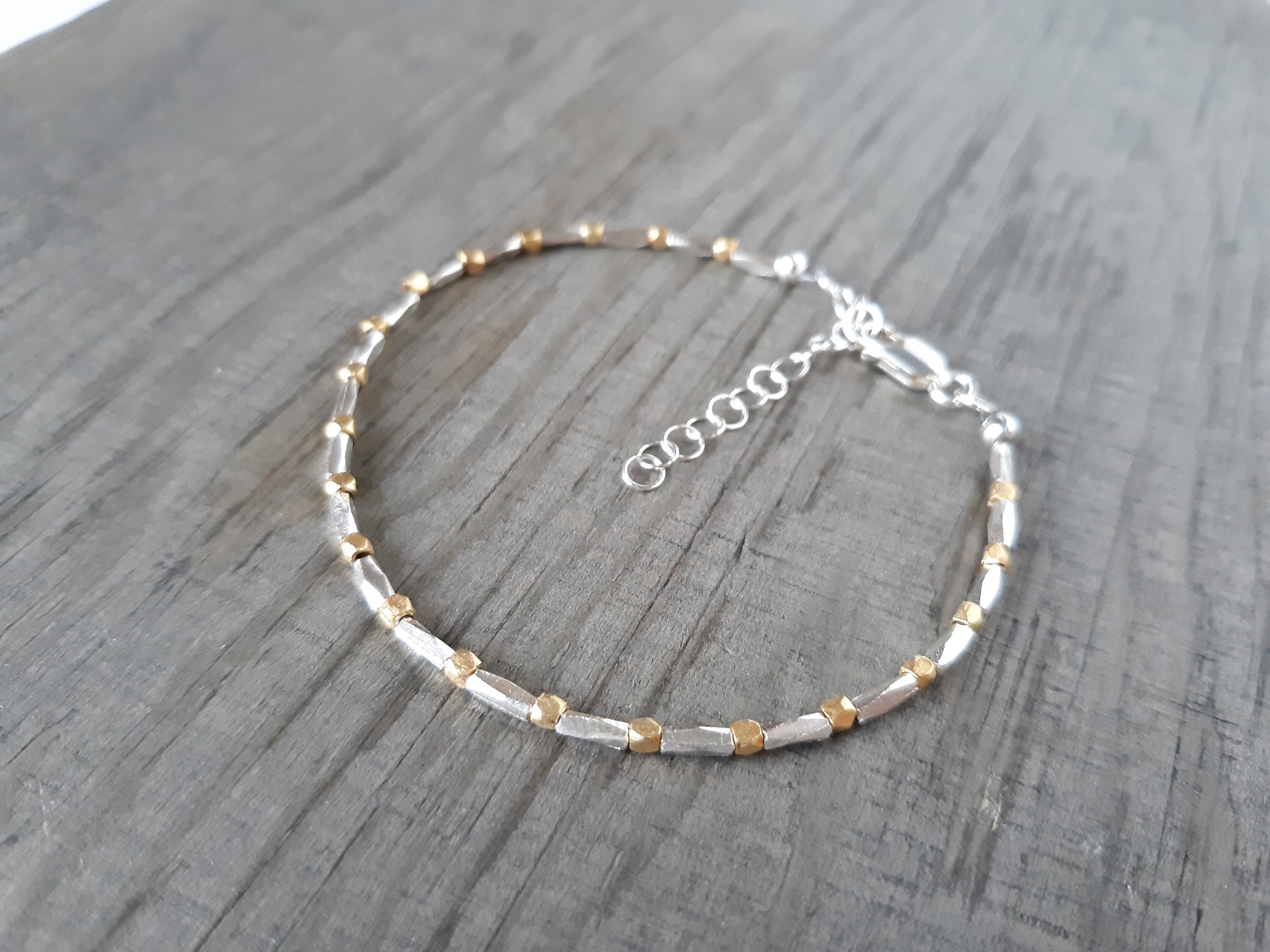 Thin Dainty 2 Mm Silver & Gold Two Tone Bead Bracelet, Delicate Small ...
