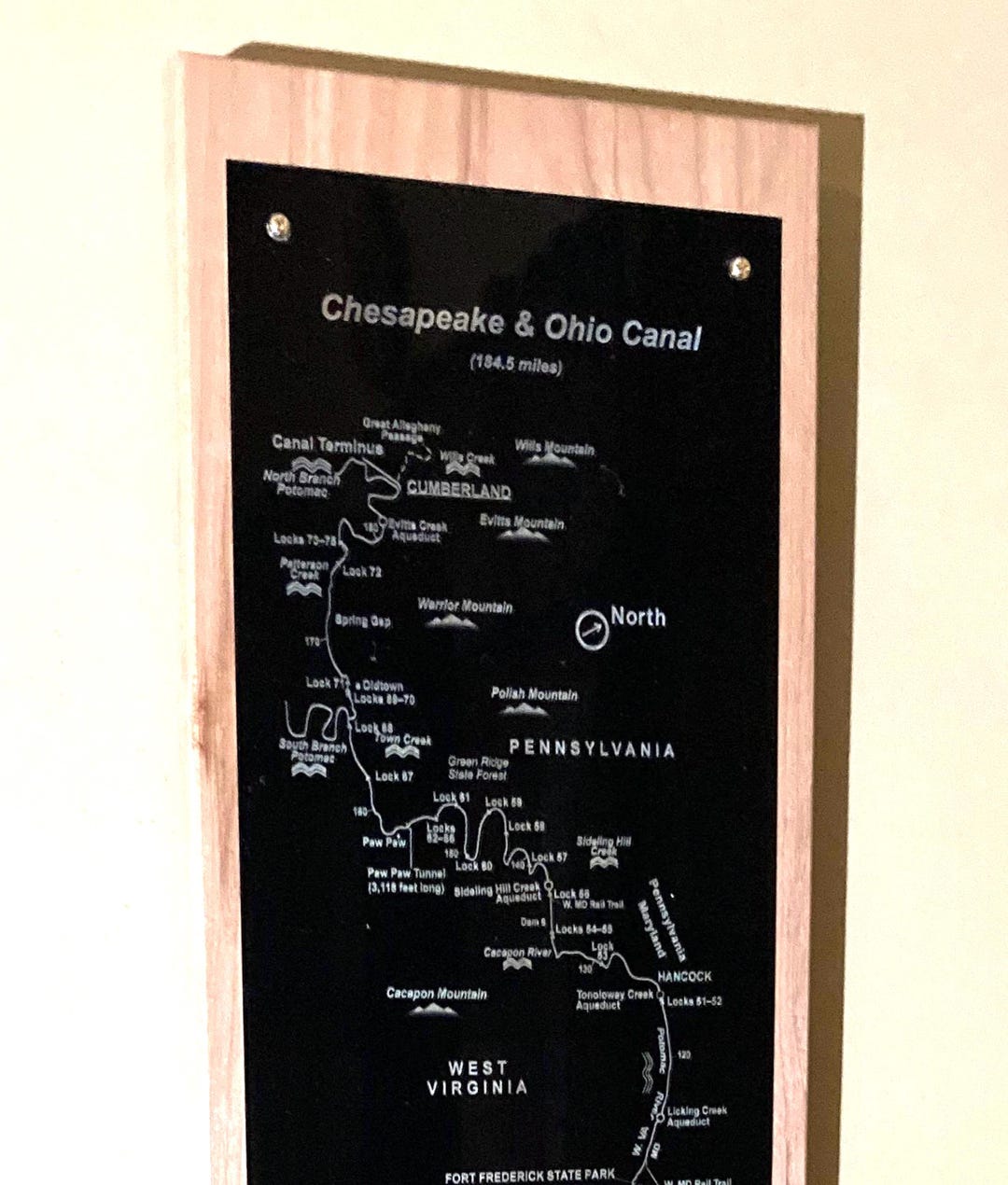 Chesapeake & Ohio Canal Towpath Map: Laser Etched Brass on Cherry Wood ...