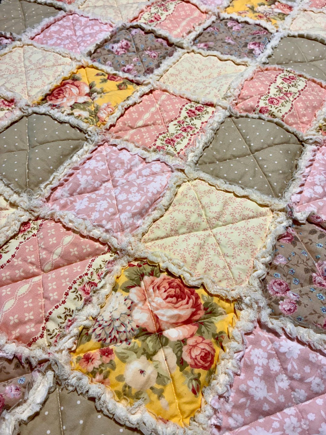 Hand Sewn Cotton Rag Quilt Baby Blanket: Pink Floral Shabby Chic Decor ...