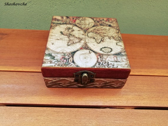 Wooden memory World map box Keepsake vintage style box | Etsy