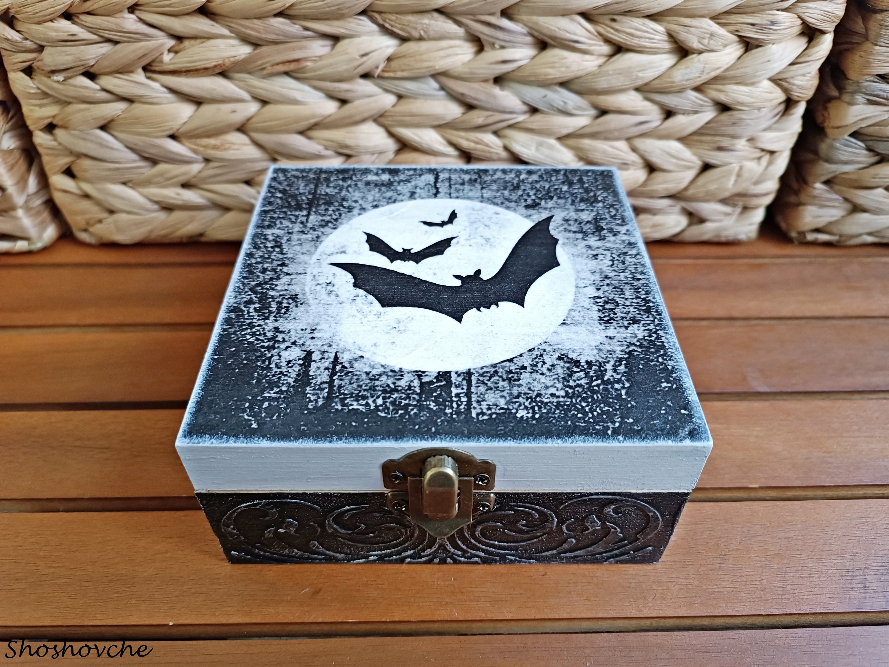 Gothic Black Bats Wooden Jewelry Box, Silvery Full Moon Keepsake Box ...