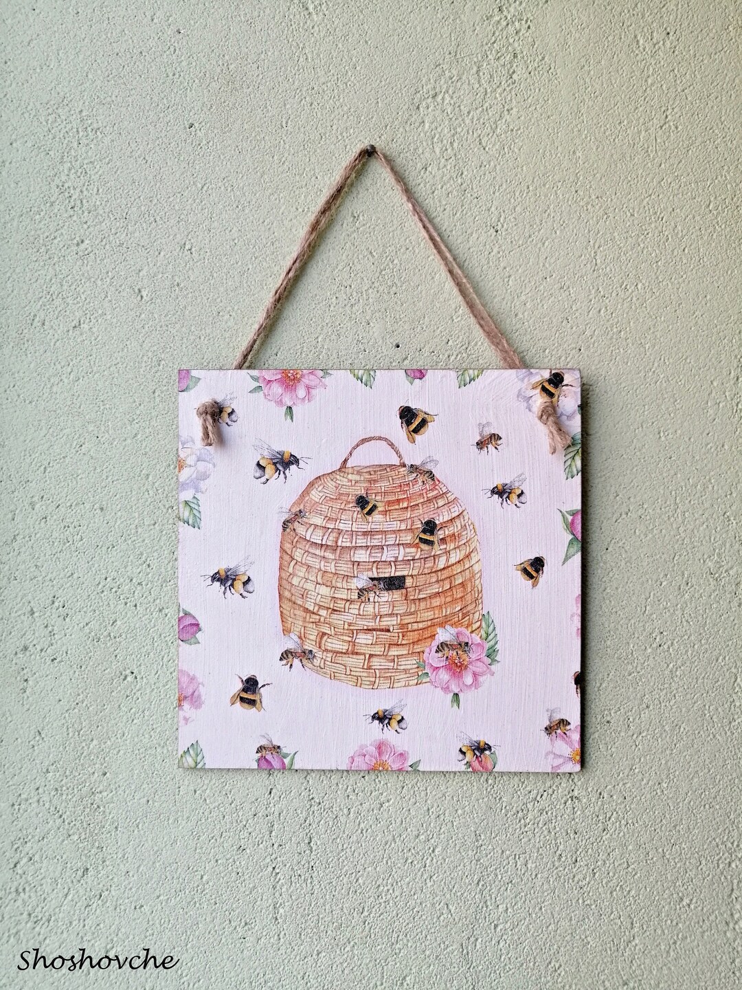 Bees in Hive Pink Blossom Flowers Wooden Sign, Country Rustic Wall ...