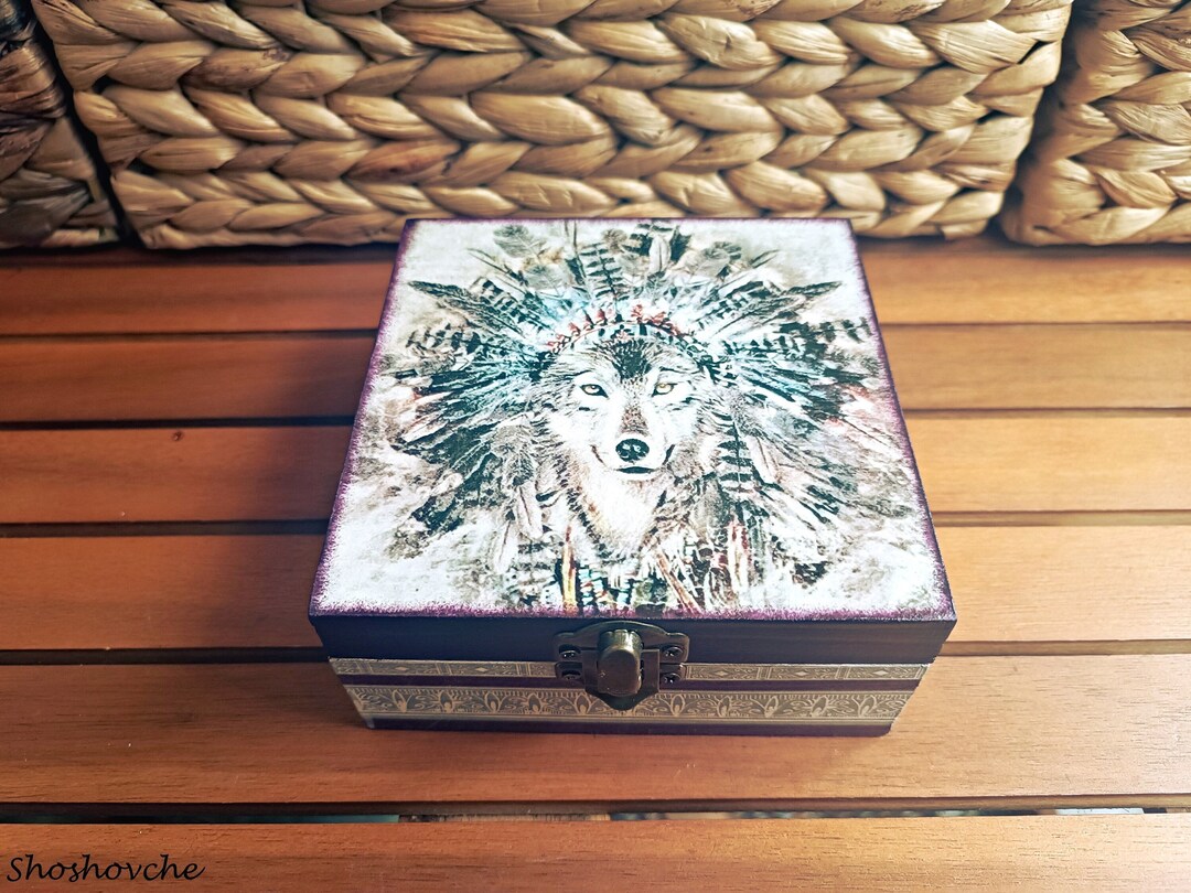 Tribal Wolf Wooden Memory Box, Spiritual Animal Keepsake Storage, Totem ...
