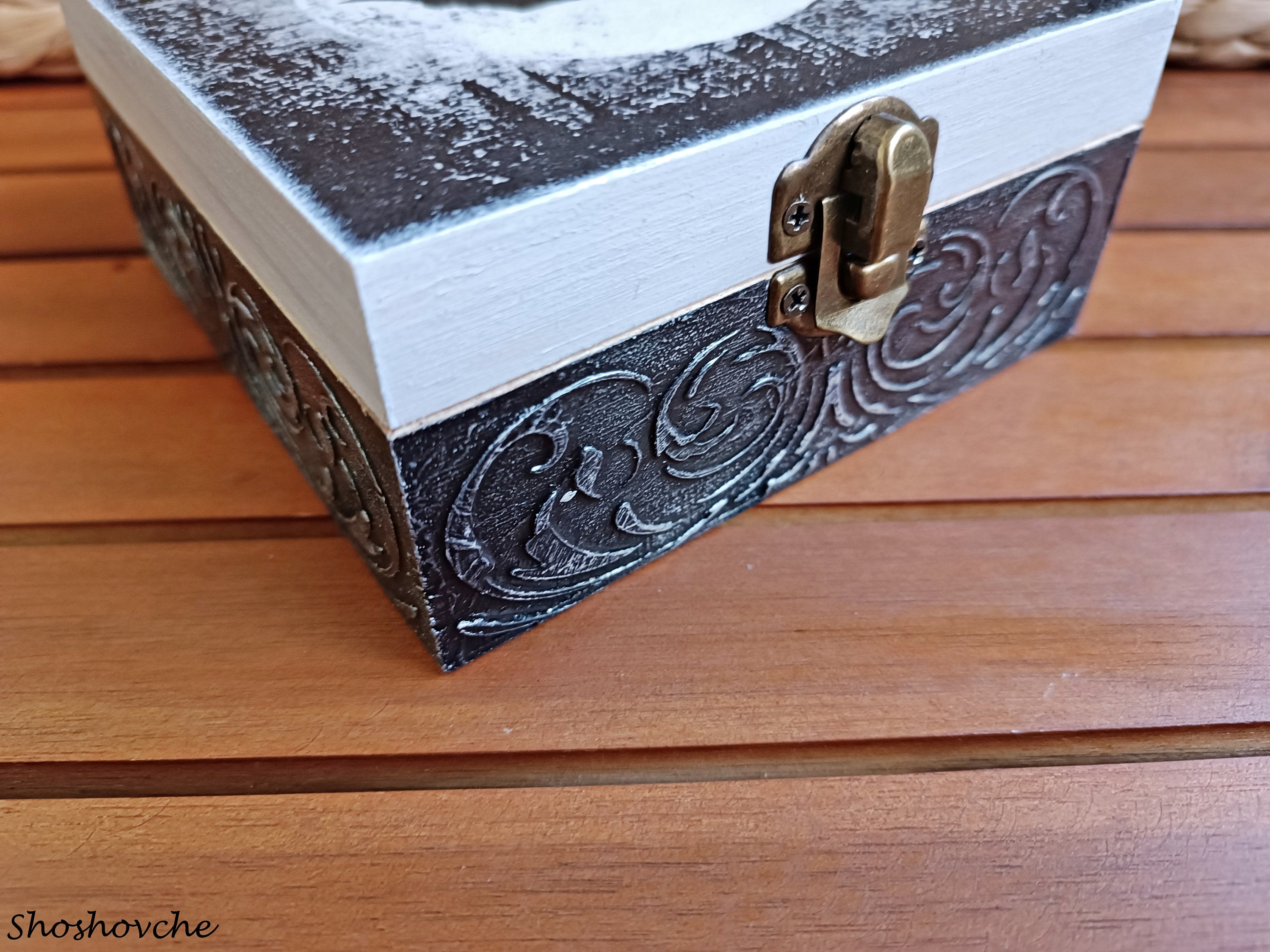 Gothic Black Bats Wooden Jewelry Box, Silvery Full Moon Keepsake Box ...
