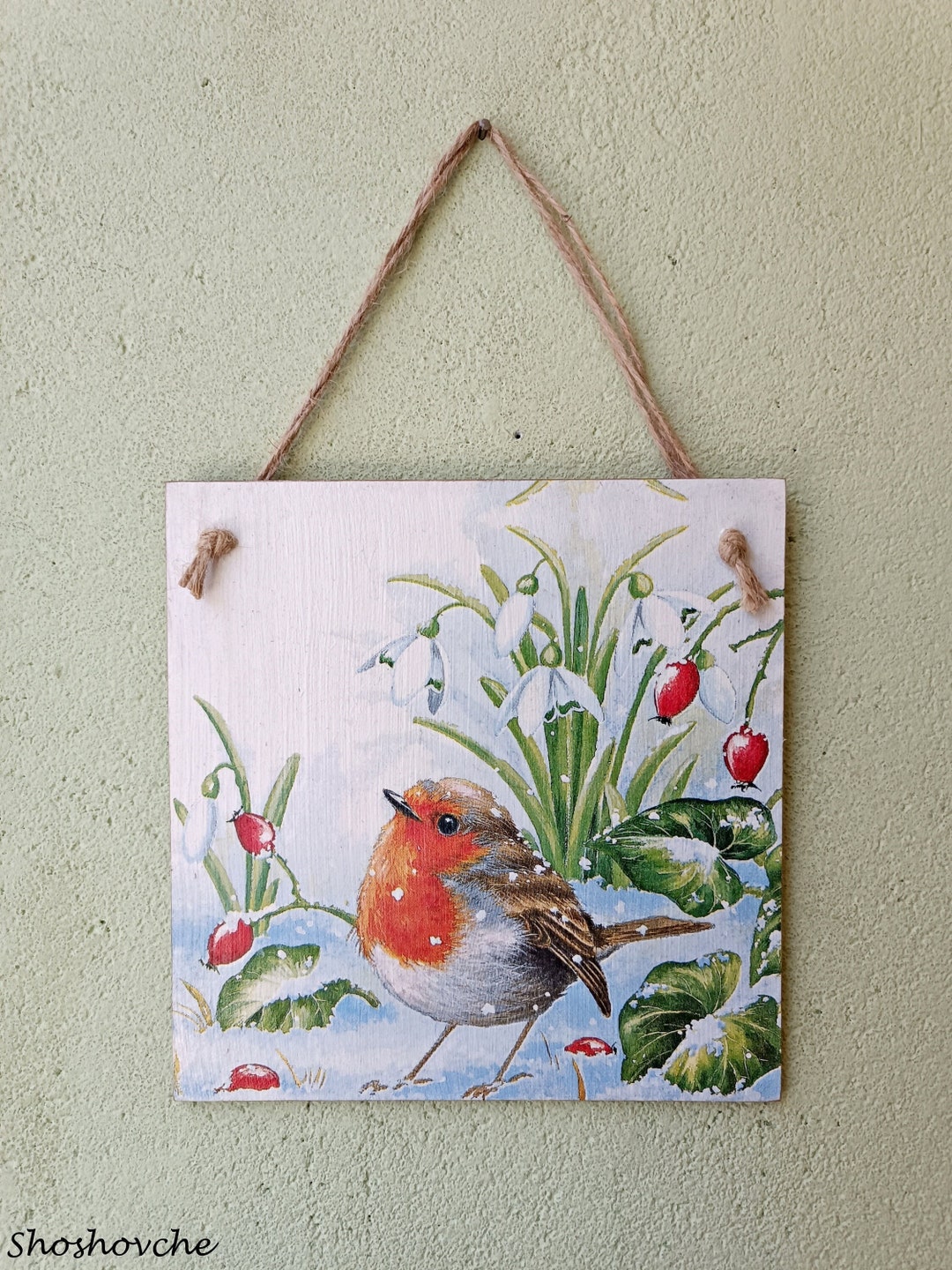 Placa/imagen colgante de pared con pájaro petirrojo rojo de invierno en ...