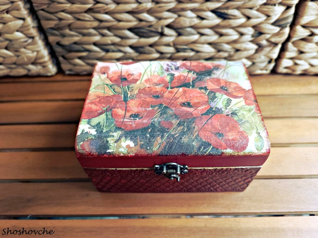 Red Poppy Keepsake Box, Wildflowers Country Wooden Box, Poppy Decoupage ...
