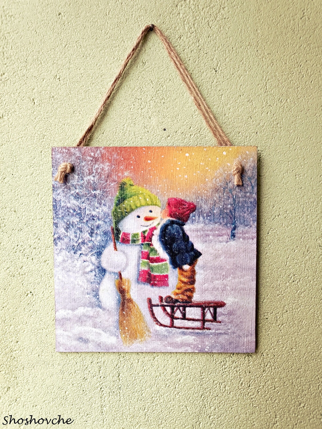Snowman Child Wooden Sleigh Christmas Winter Wall Sign, Snowy Forest ...