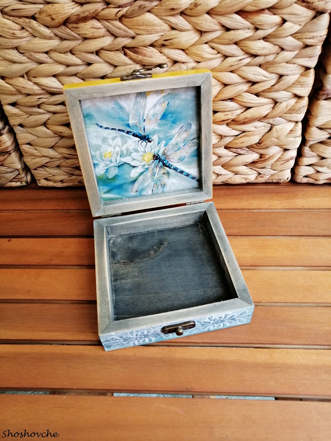Blue Dragonfly keepsake box Water Lilly wooden box | Etsy