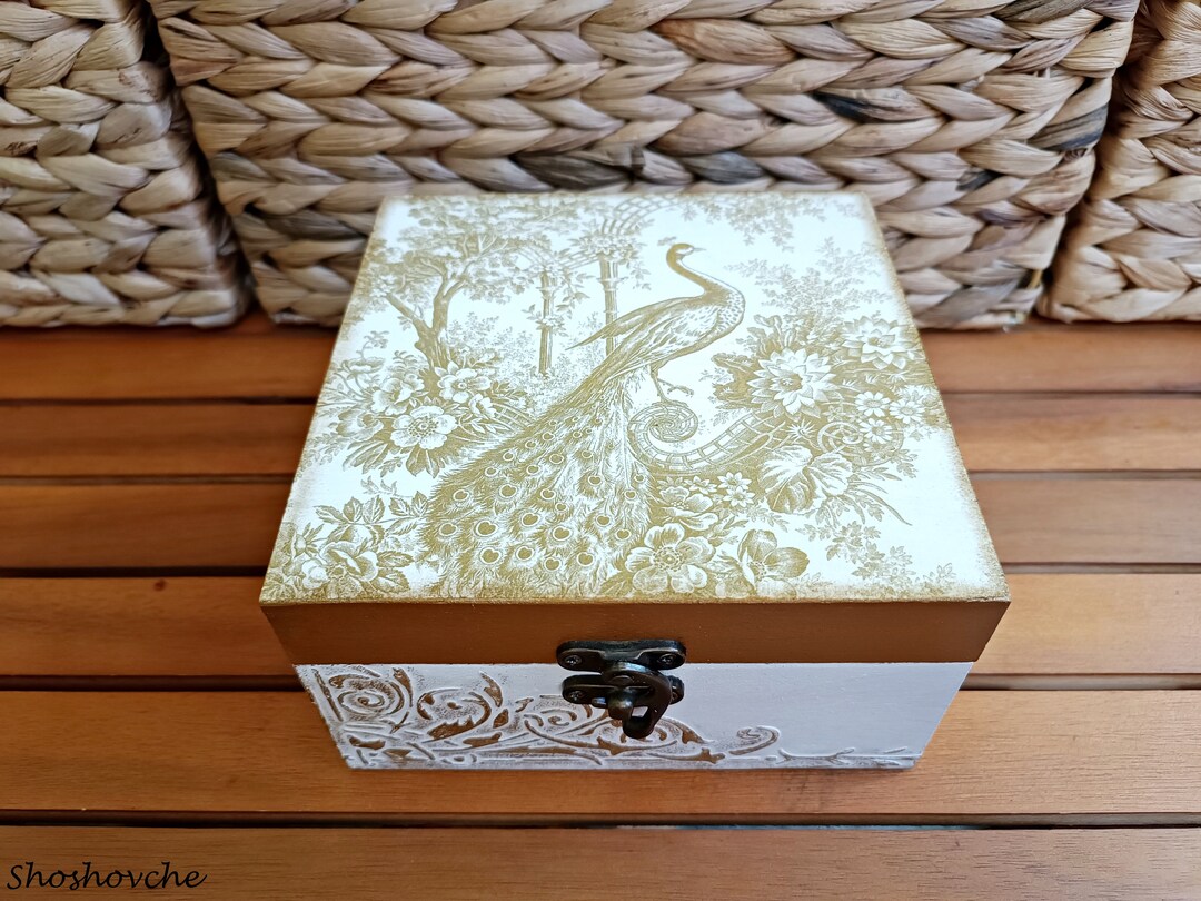 Big Golden Peacock Wooden Jewellery Box, White Yellow Keepsake Box ...