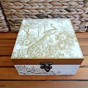 Big Golden Peacock Wooden Jewellery Box, White Yellow Keepsake Box ...