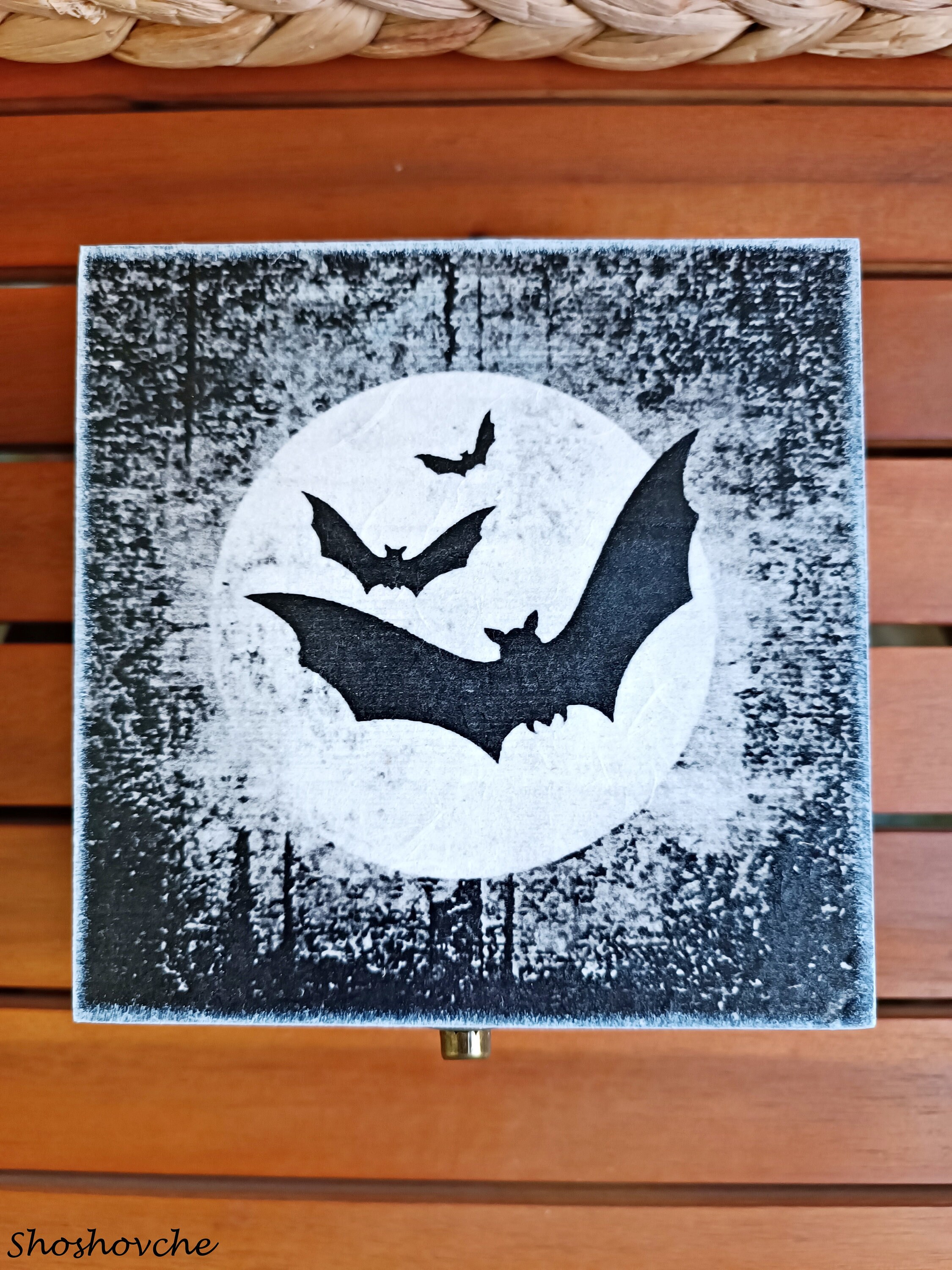 Gothic Black Bats Wooden Jewelry Box, Silvery Full Moon Keepsake Box ...
