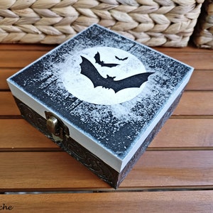 Gothic Black Bats Wooden Jewelry Box, Silvery Full Moon Keepsake Box ...
