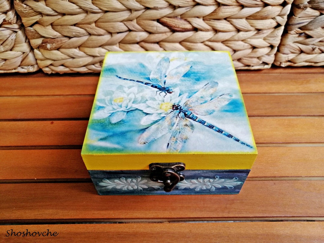 Blue Dragonfly Keepsake Box, Water Lilly Wooden Box, Dragonflies ...