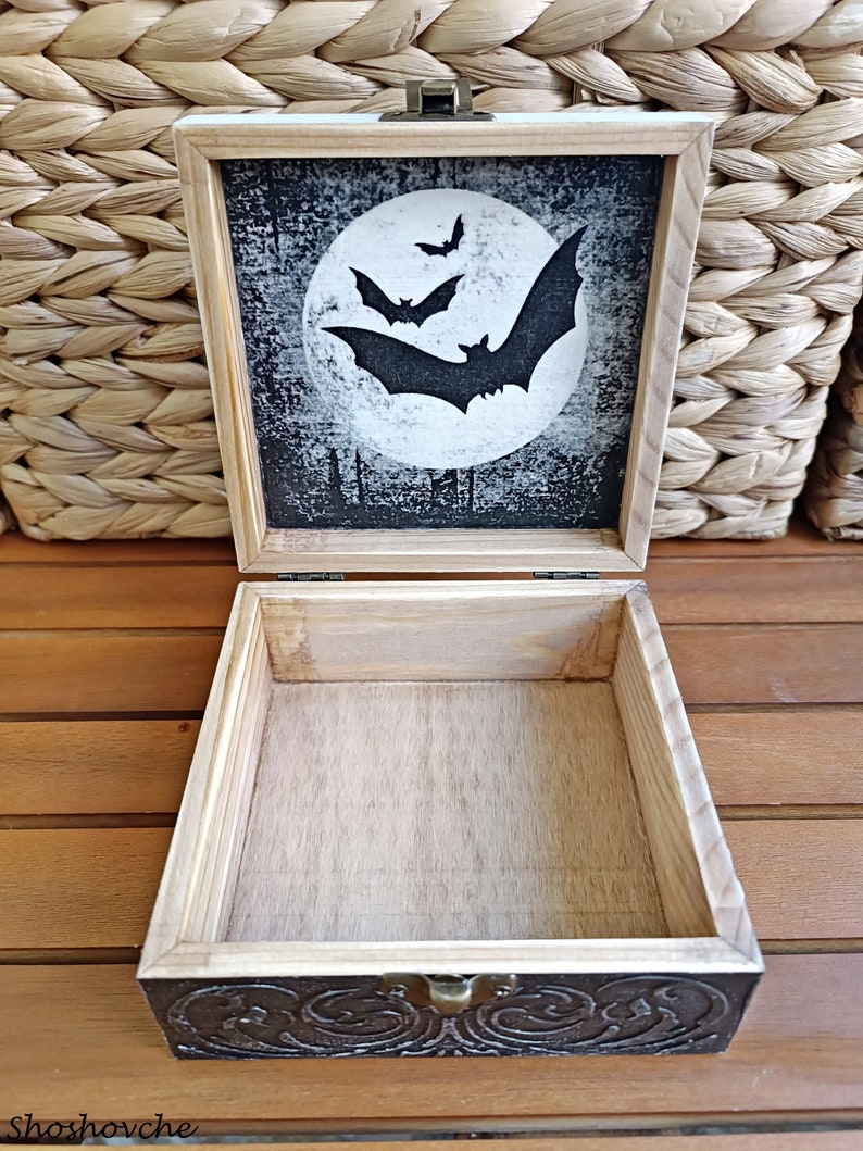 Gothic Black Bats Wooden Jewelry Box, Silvery Full Moon Keepsake Box ...