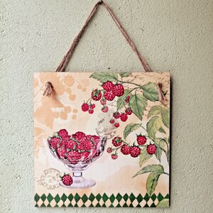 Wall Hanging Plaque/picture Red Raspberries in Cup Summer Kitchen Fruit ...