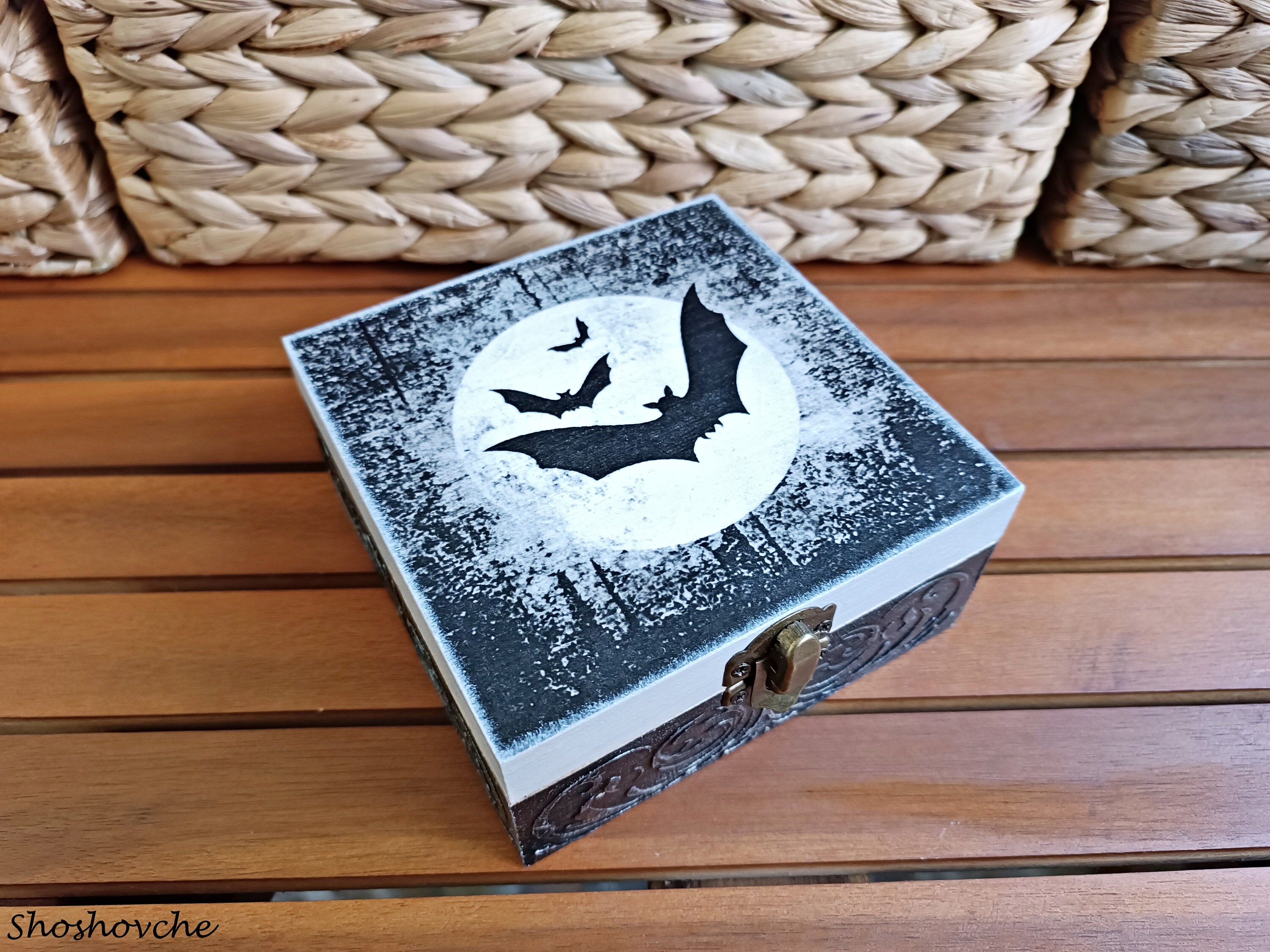 Gothic Black Bats Wooden Jewelry Box, Silvery Full Moon Keepsake Box ...