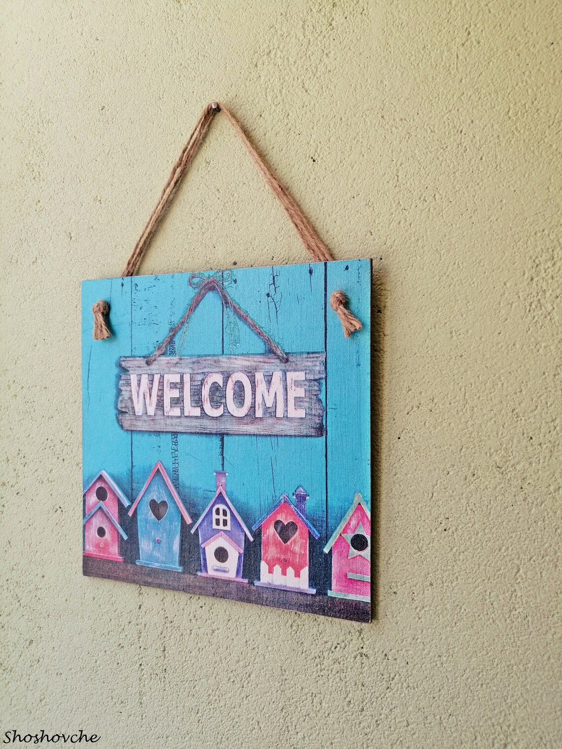 Blue Birdhouse wall art Welcome home sign Wooden wall decor | Etsy