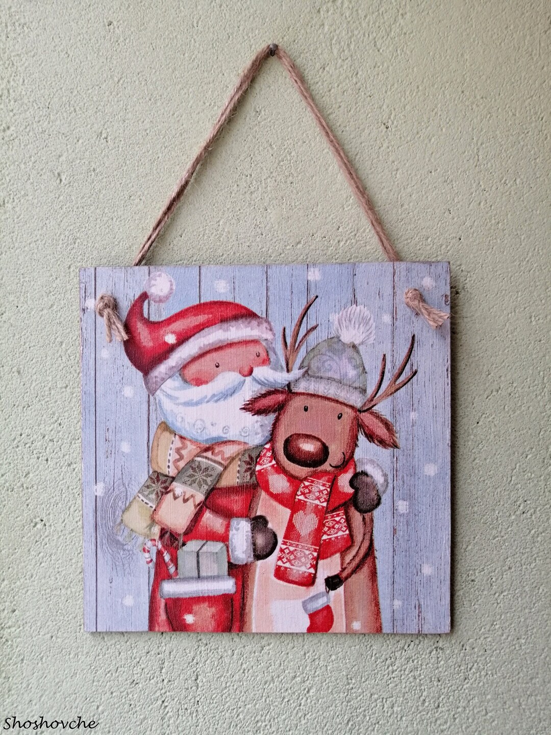 Santa Claus Rudolph Deer Wall Hanging Plaque/picture, Winter Snowflakes ...
