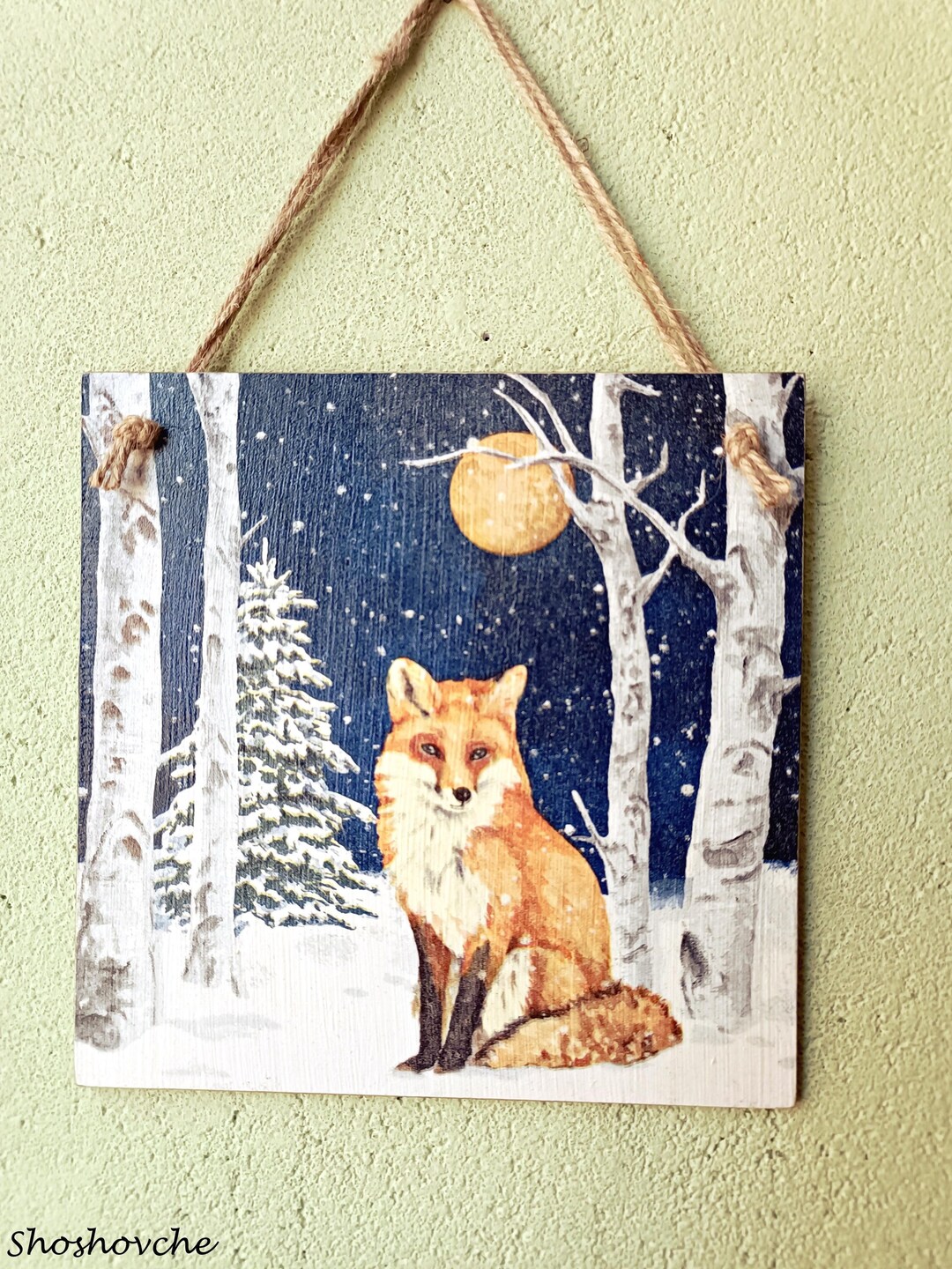 Wild Red Fox Sign Wall Hanging Plaque/picture, Full Moon Snowy Winter ...