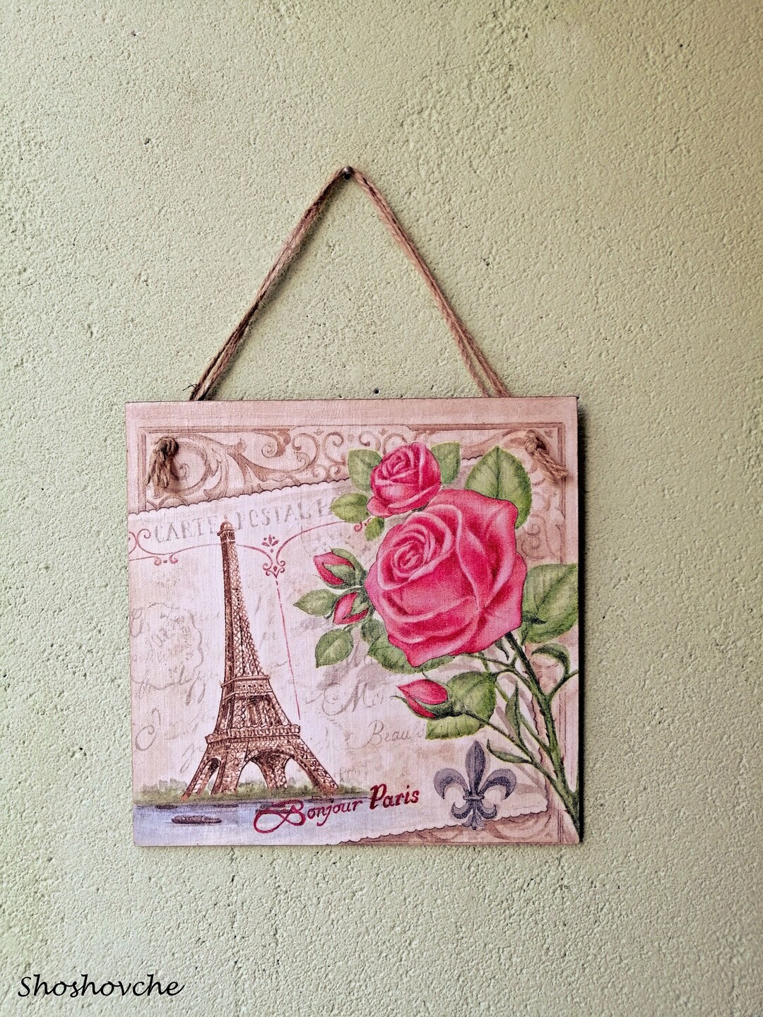 Paris Wall Sign, Eiffel Tower Rose Decor, Bonjour Paris Wall Art ...