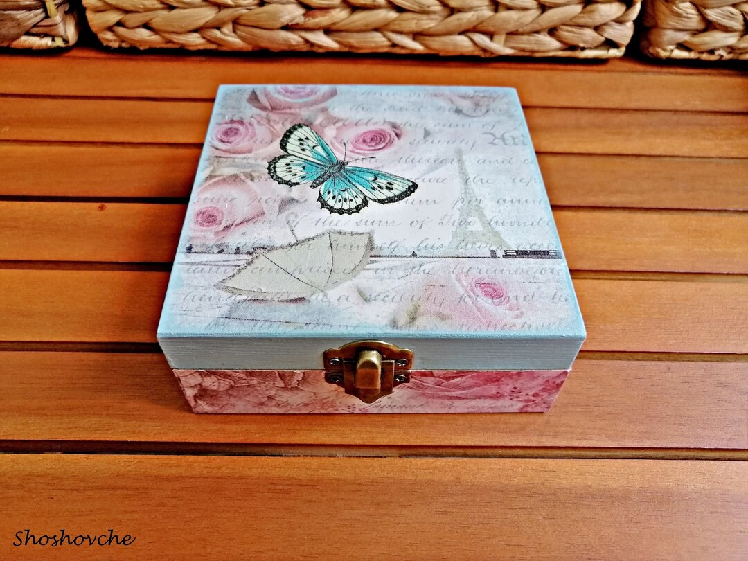 Eiffel Tower French Wooden Memory Box, Pink Roses Romantic Shabby Chic ...