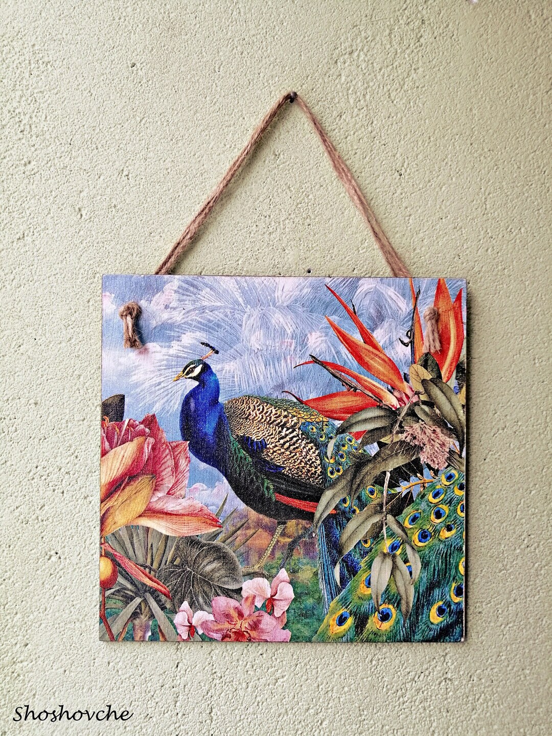 Blue Peacock Wall Hanging Sign, Flowers Peacock Feathers Plaque, Bird ...
