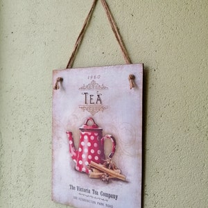 Wall Hanging Plaque/picture Rustic Tea Wooden Sign Red Kettle Pot ...