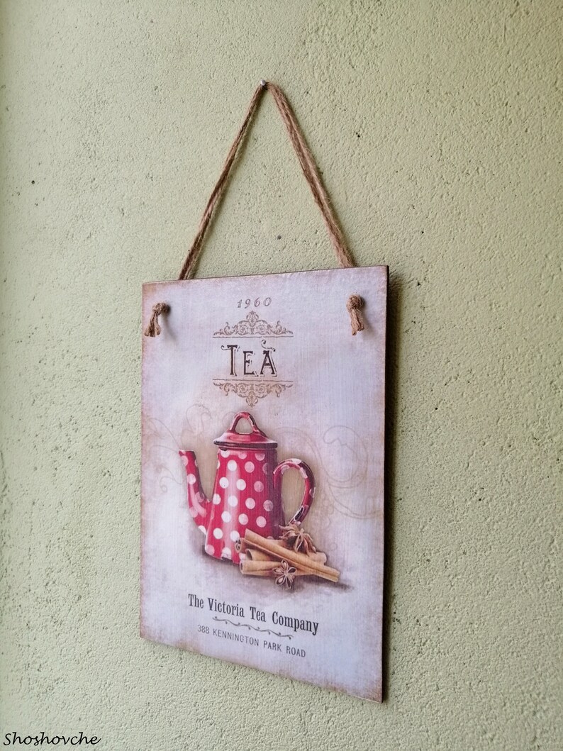 Wall Hanging Plaque/picture Rustic Tea Wooden Sign Red Kettle Pot ...