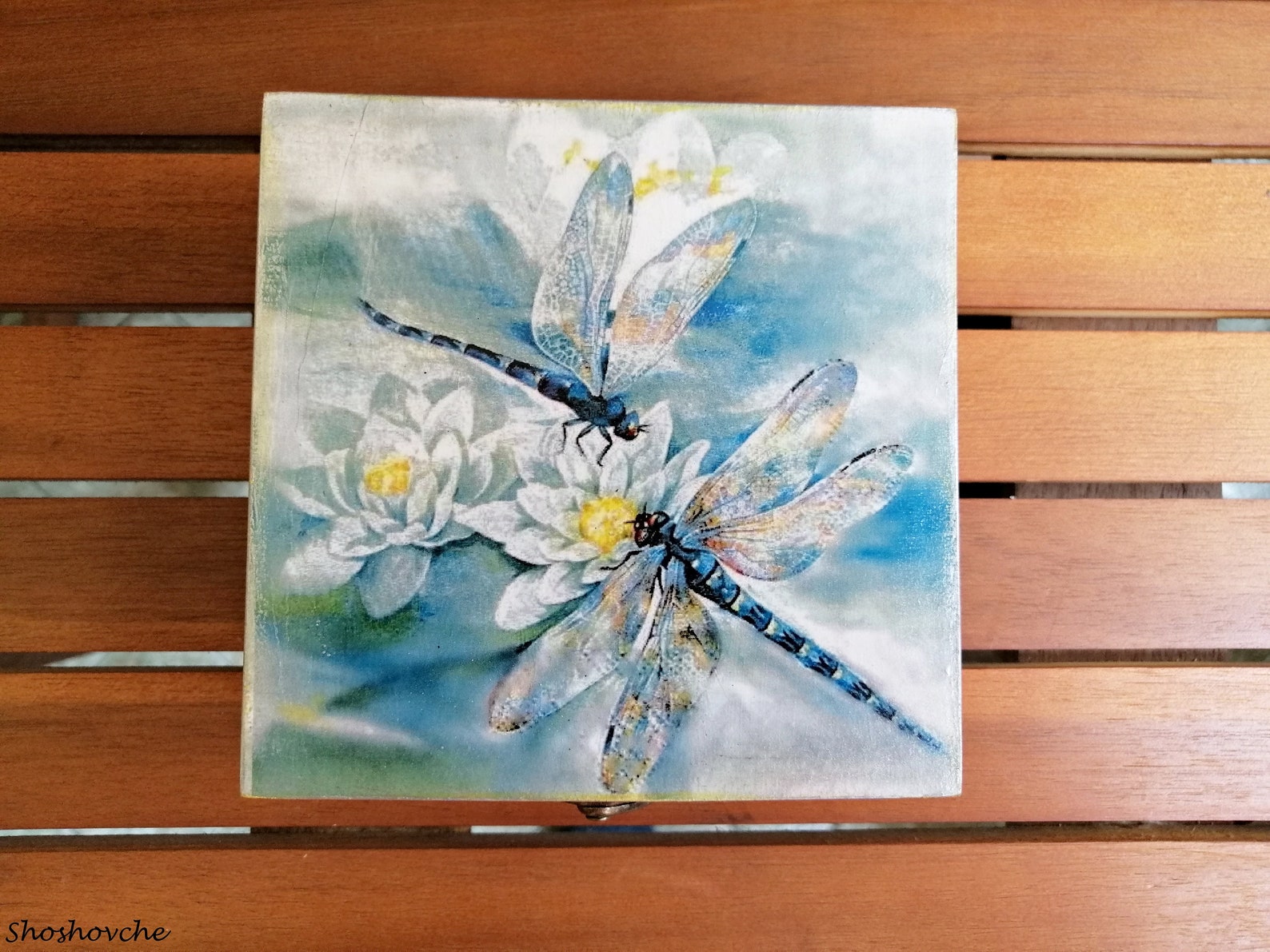 Blue Dragonfly keepsake box Water Lilly wooden box | Etsy