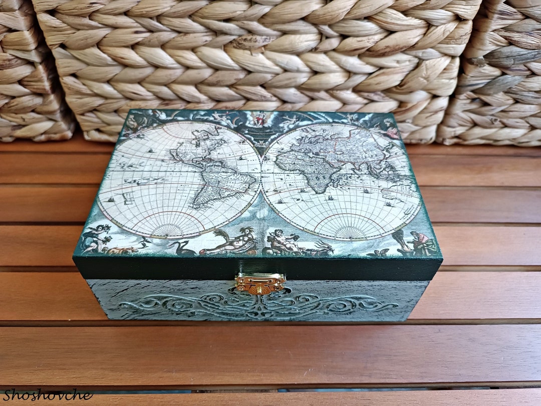 Antique World Map Keepsake Box, Map of the World Wooden Big Memory Box ...