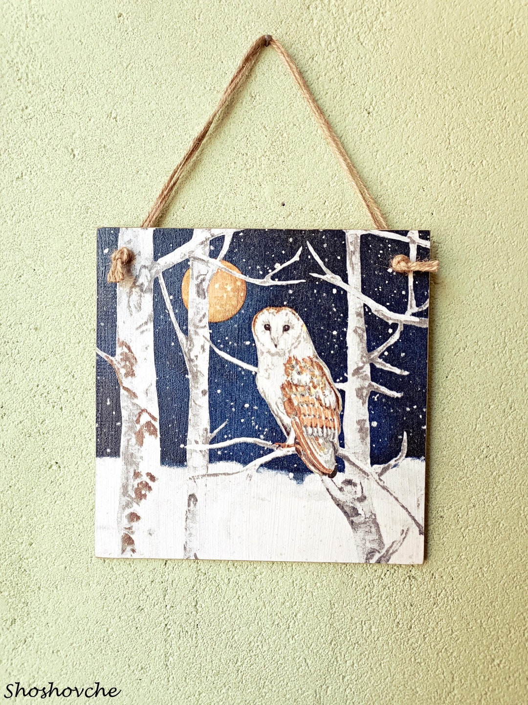 Barn Owl Sign Wall Hanging Plaque/picture, Full Moon Snowy Winter ...
