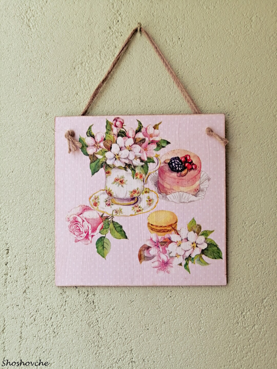 Rustic Tea Cup Wall Hanging Plaque, Wooden Floral Pink Kitchen Sign ...