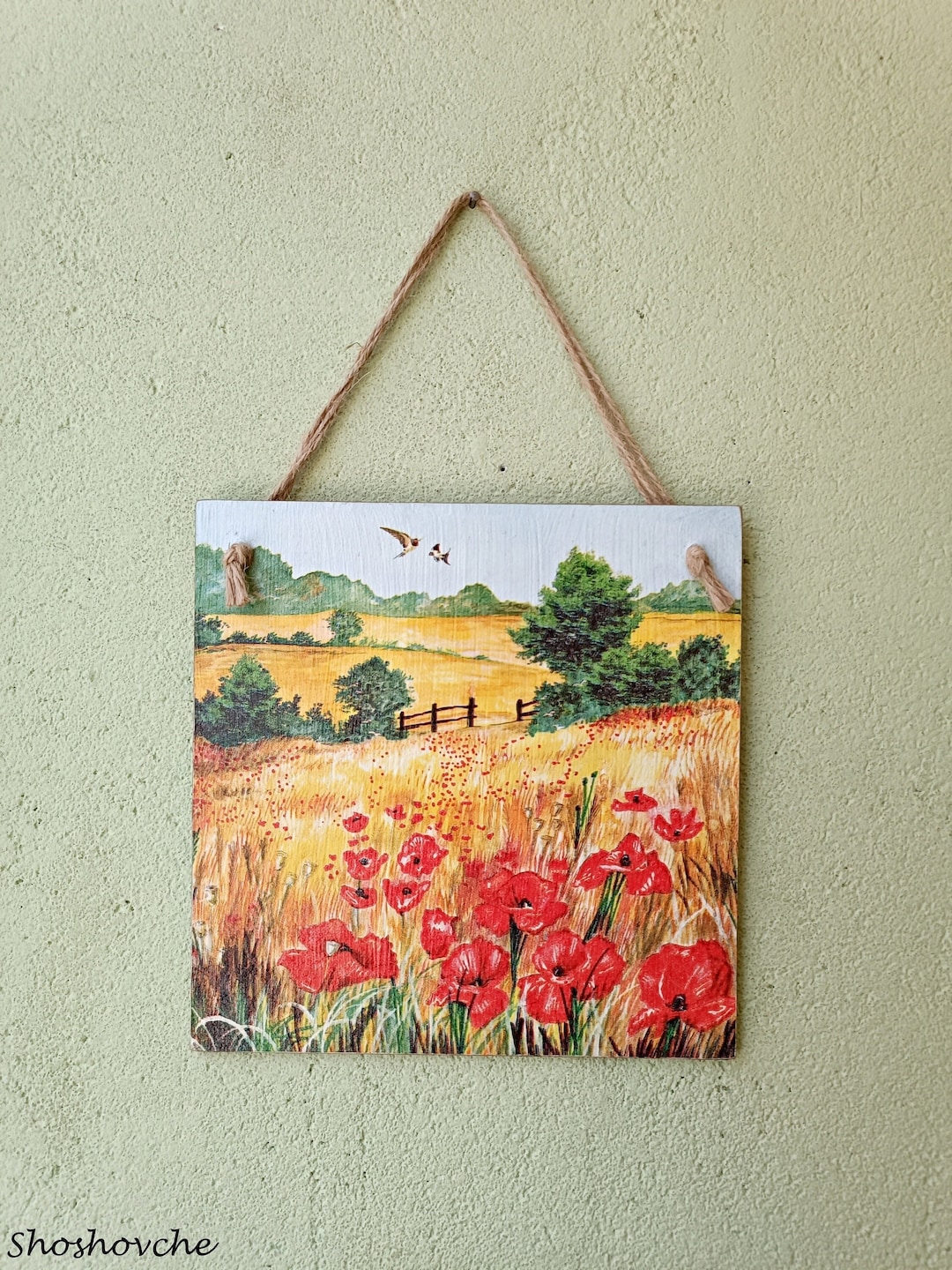 Red Poppy Fields Country Side Landscape Wall Hanging Plaque, Spring ...