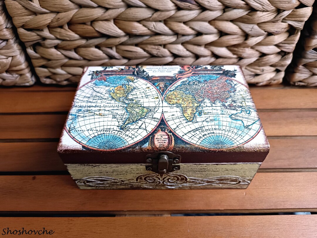 Antique World Map Keepsake Box, Map of the World Wooden Big Memory Box ...